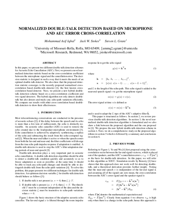 (PDF) Normalized Double-Talk Detection Based on Microphone and AEC Error Cross-Correlation ...