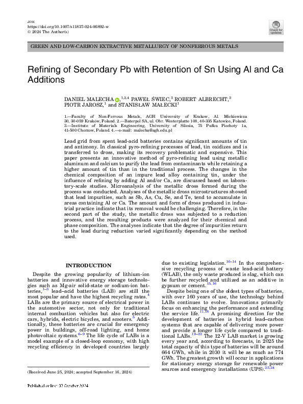 (PDF) Refining of Secondary Pb with Retention of Sn Using Al and Ca ...