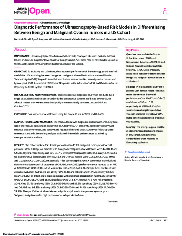 (PDF) Diagnostic Performance of Ultrasonography-Based Risk Models in Differentiating Between ...