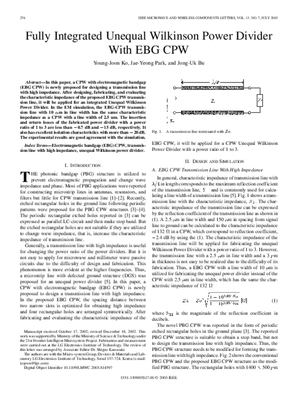 (PDF) Fully integrated unequal Wilkinson power divider with EBG CPW | Jong Bu - Academia.edu