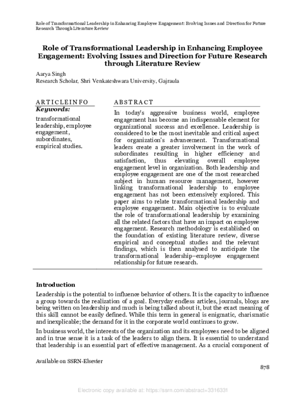 (PDF) Role of Transformational Leadership in Enhancing Employee Engagement: Evolving Issues and ...