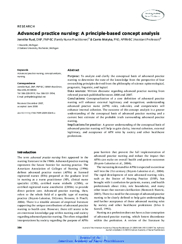 (PDF) Advanced practice nursing: A principle‐based concept analysis