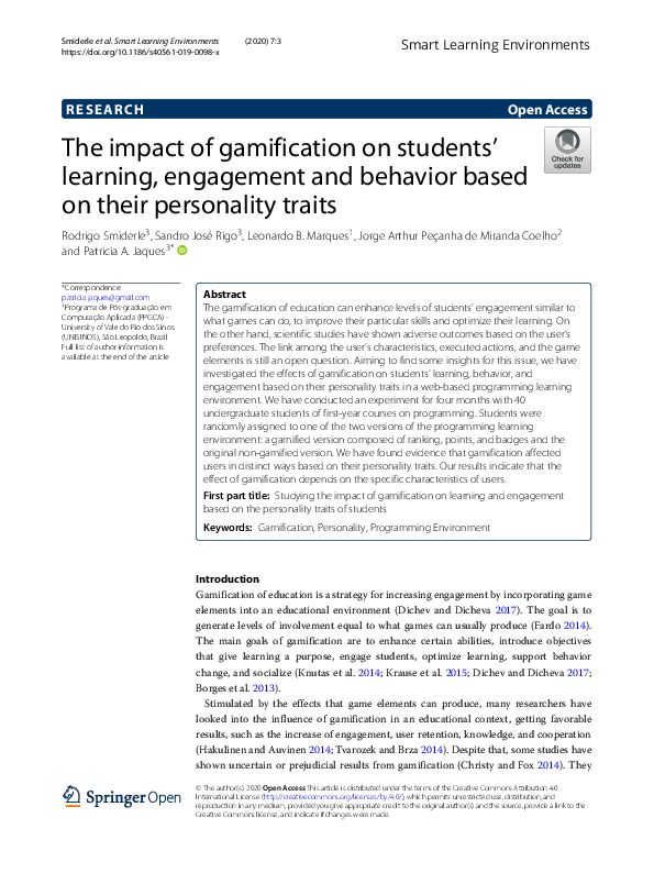(PDF) The impact of gamification on students’ learning, engagement and behavior based on their ...