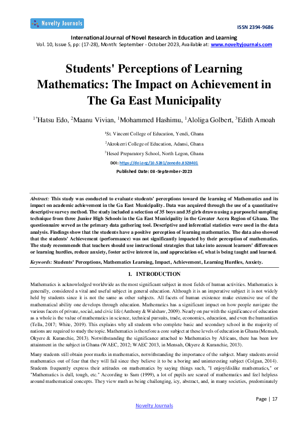 (PDF) Students' Perceptions of Learning Mathematics: The Impact on ...