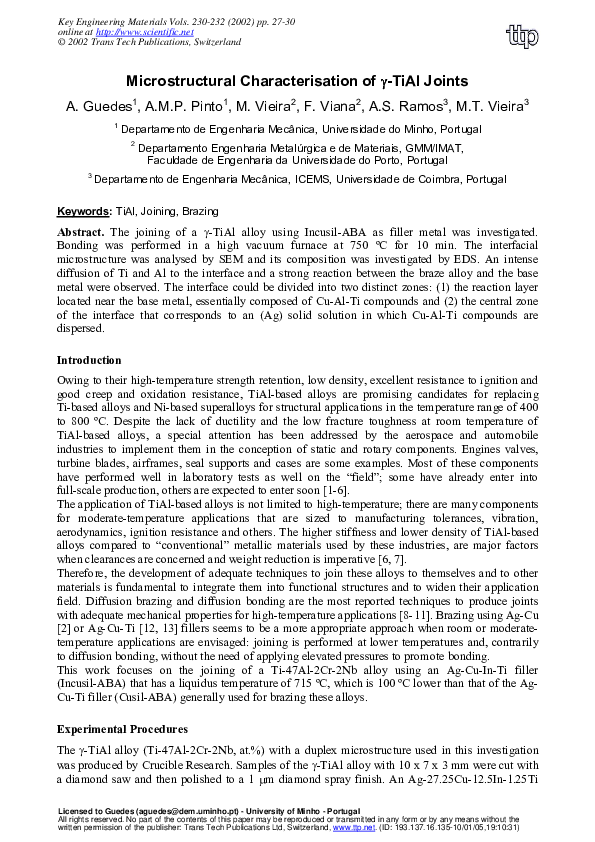 (PDF) Microstructural characterisation of gamma-TiAl joints
