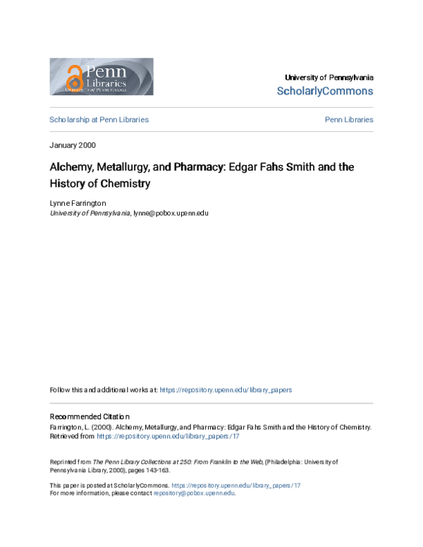 (PDF) Alchemy, Metallurgy, and Pharmacy: Edgar Fahs Smith and the ...
