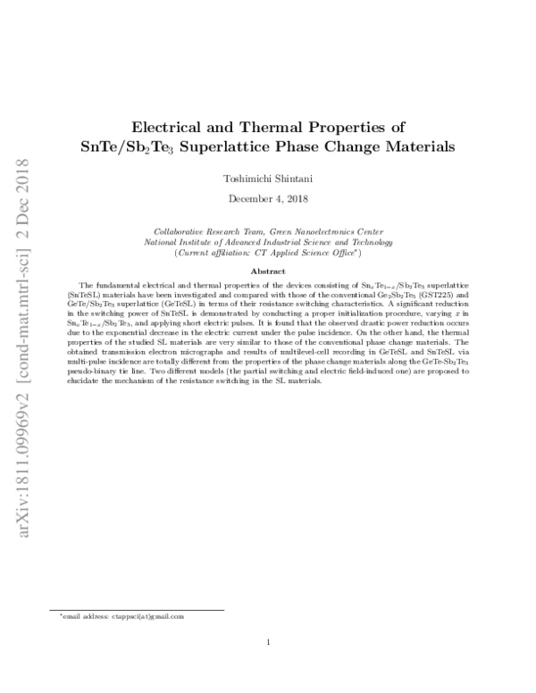 (PDF) Electrical and Thermal Properties of SnTe/Sb2Te3 Superlattice Phase Change Materials