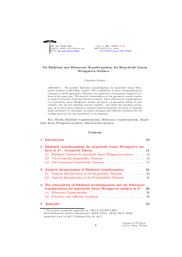 (PDF) On Bäcklund and Ribaucour transformations for hyperbolic linear Weingarten surfaces