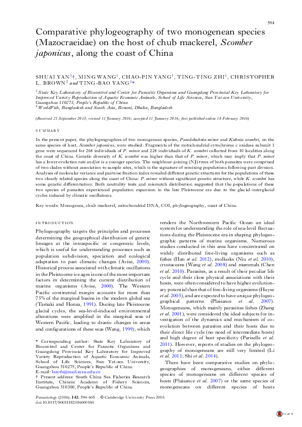 (PDF) Comparative phylogeography of two monogenean species ...
