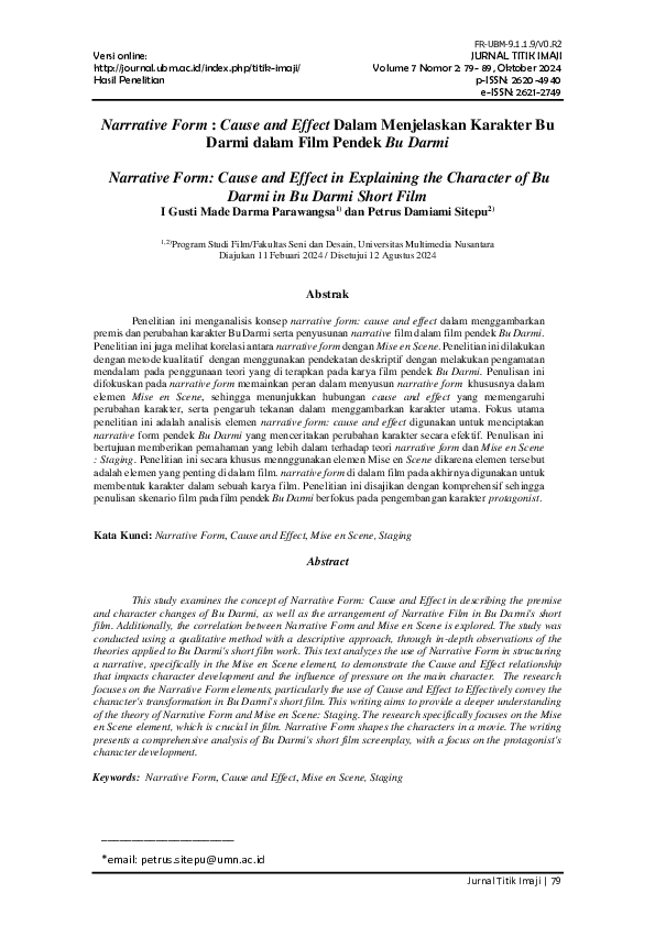 (PDF) Narrrative Form : Cause and Effect Dalam Menjelaskan Karakter Bu Darmi dalam Film Pendek ...