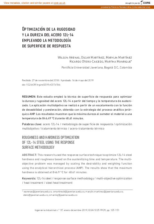(PDF) Optimización de la rugosidad y la dureza del acero 12l-14 ...