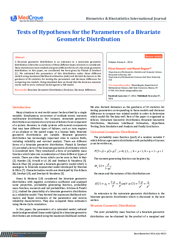 (PDF) Tests of Hypotheses for the Parameters of a Bivariate Geometric ...