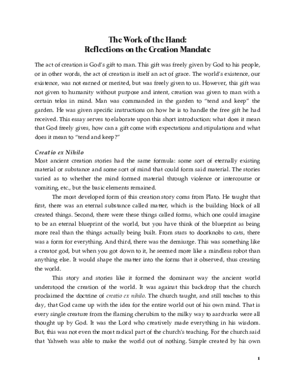 (PDF) The Work of the Hand: Reflections on the Creation Mandate
