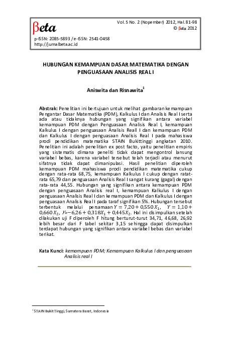 (PDF) Hubungan Kemampuan Dasar Matematika dengan Penguasaan Analisis Real I