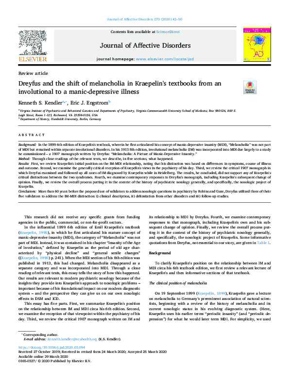 (PDF) Dreyfus and the shift of melancholia in Kraepelin's textbooks ...