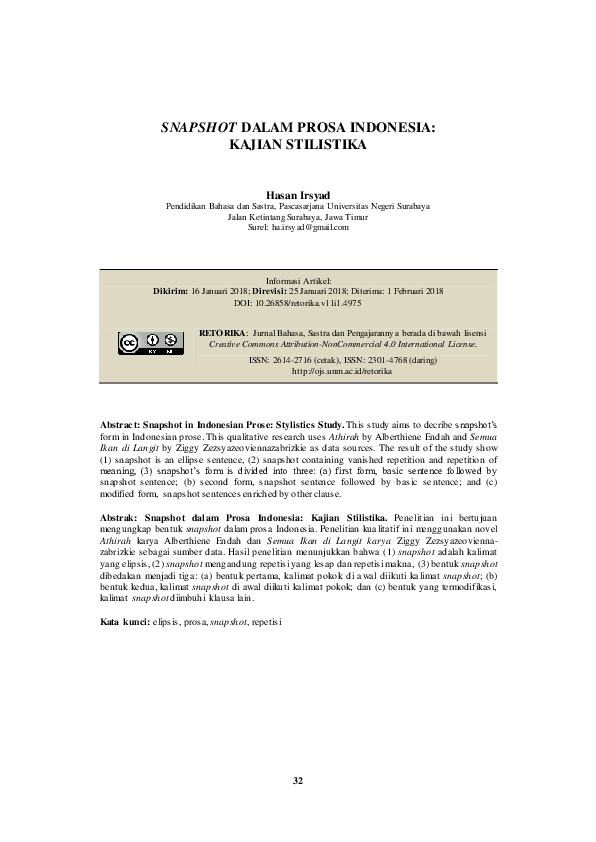 (PDF) Snapshot Dalam Prosa Indonesia: Kajian Stilistika