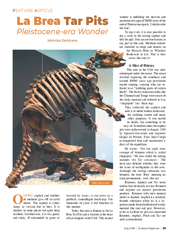 Pdf La Brea Tar Pits Pleistocene Era Wonder