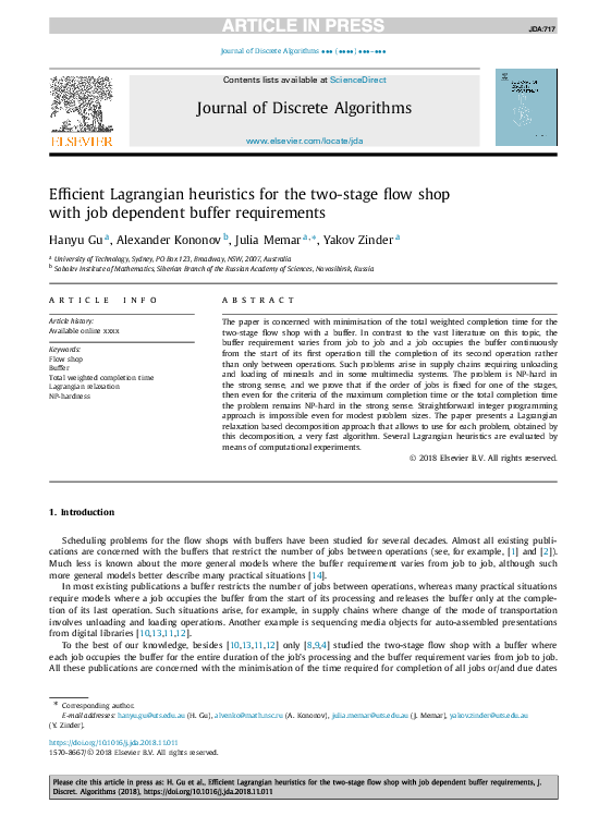 (PDF) Efficient Lagrangian Heuristics for the Two-Stage Flow Shop with Job Dependent Buffer ...