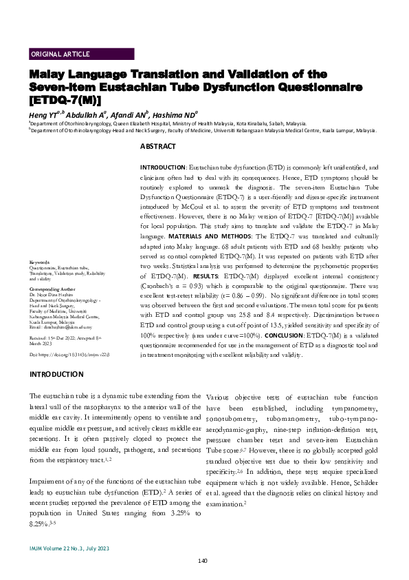 (PDF) Malay Language Translation and Validation of the Seven-item ...