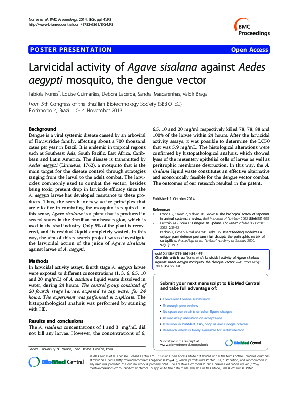 (PDF) Larvicidal activity of Agave sisalana against Aedes aegypti mosquito, the dengue vector