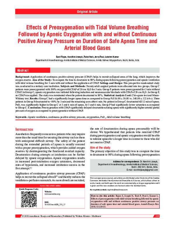 (PDF) Effects of Preoxygenation with Tidal Volume Breathing Followed by ...
