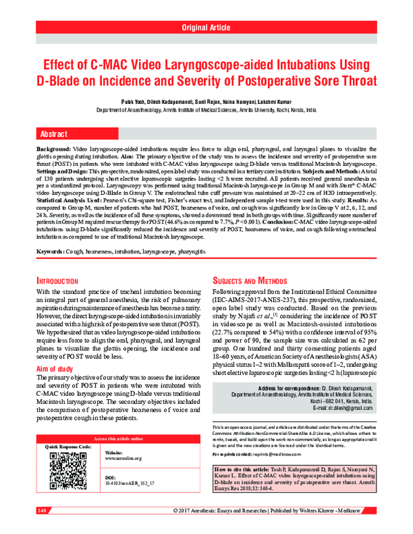 (PDF) Effect of C-MAC video laryngoscope-aided intubations using D ...