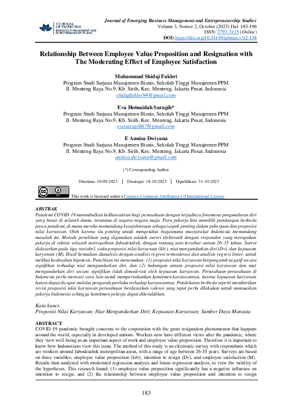 (PDF) Relationship Between Employee Value Proposition and Resignation with The Moderating Effect ...
