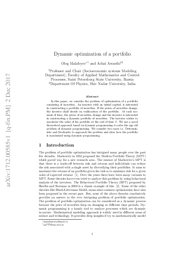 (PDF) Dynamic optimization of a portfolio