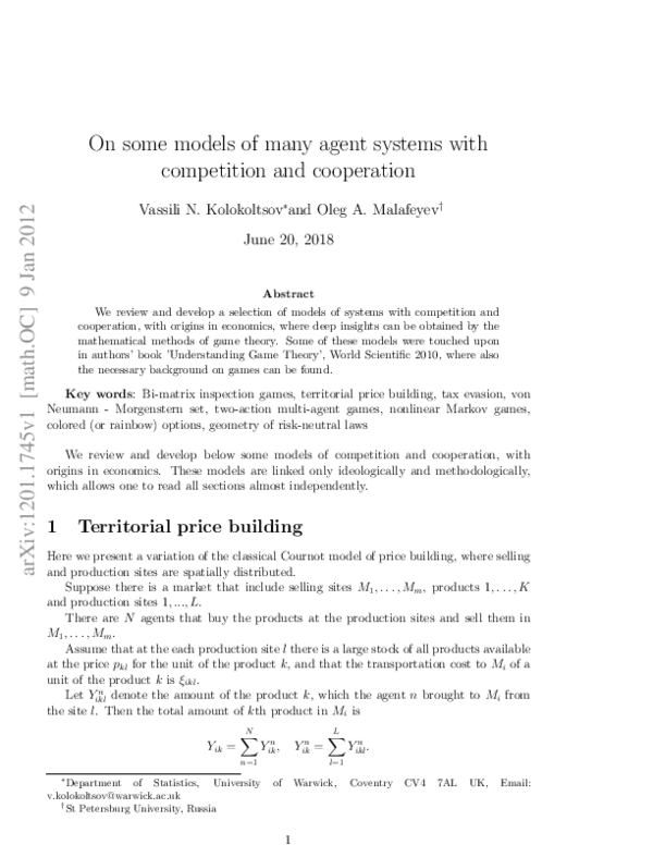 (PDF) On some models of many agent systems with competition and cooperation | oleg malafeyev ...
