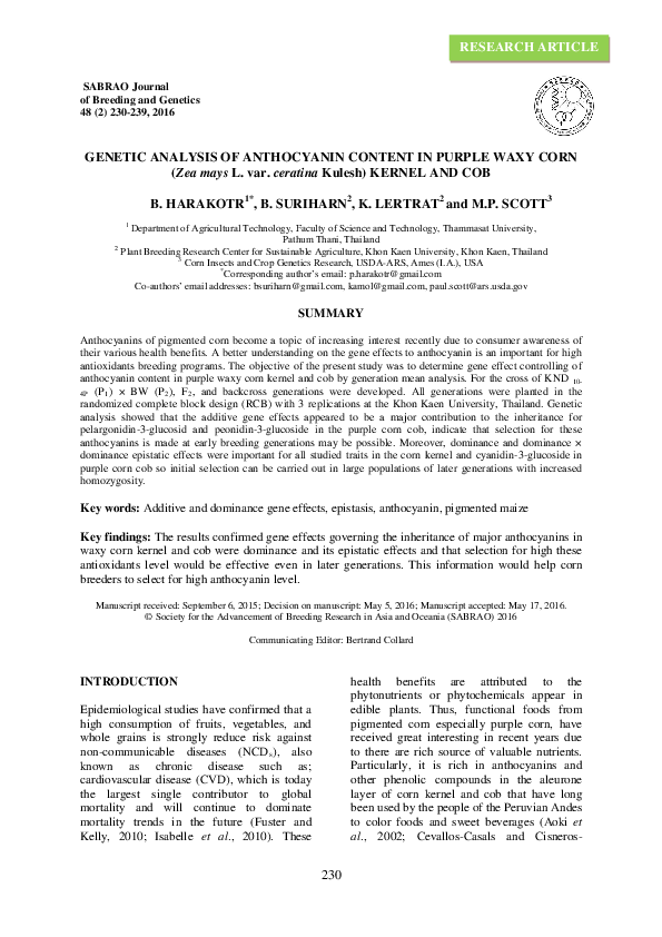 (PDF) Genetic analysis of anthocyanin content in purple waxy corn (Zea mays L. var. ceratina ...