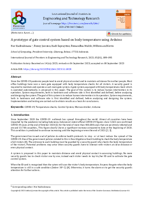 (PDF) A prototype of gate control system based on body temperature using Arduino