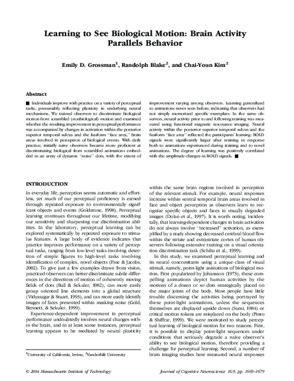 (PDF) Learning to See Biological Motion: Brain Activity Parallels Behavior