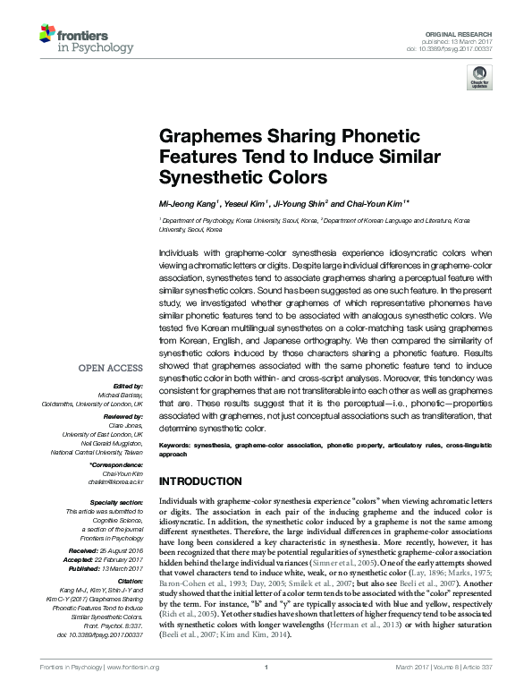 (PDF) Graphemes Sharing Phonetic Features Tend to Induce Similar Synesthetic Colors