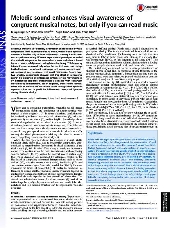 (PDF) Melodic sound enhances visual awareness of congruent musical ...
