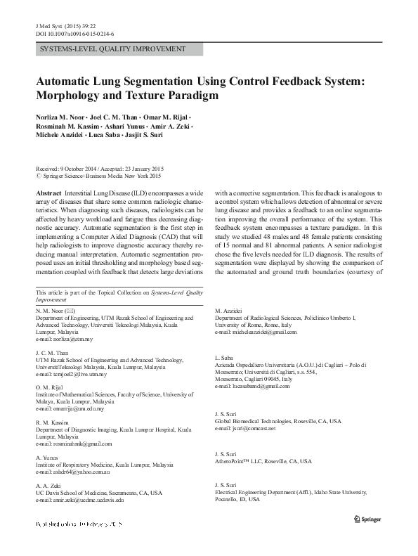 (PDF) Automatic Lung Segmentation Using Control Feedback System: Morphology and Texture Paradigm