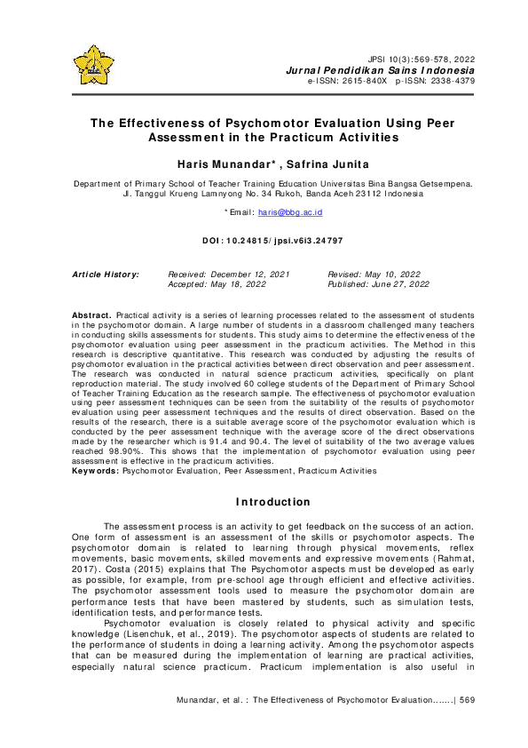 (PDF) The Effectiveness of Psychomotor Evaluation Using Peer Assessment in the Practicum Activities