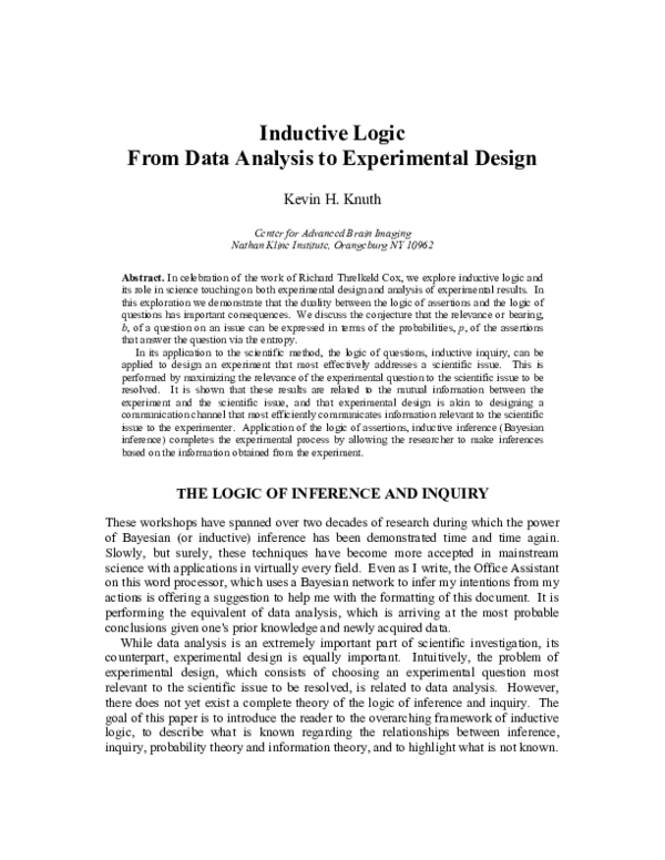 (PDF) Inductive logic: from data analysis to experimental design
