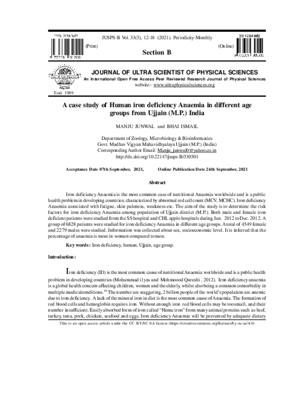 (PDF) A case study of Human iron deficiency Anaemia in different age ...