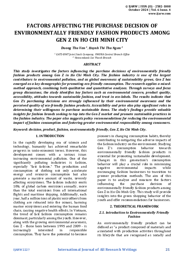 (PDF) FACTORS AFFECTING THE PURCHASE DECISION OF ENVIRONMENTALLY FRIENDLY FASHION PRODUCTS AMONG ...