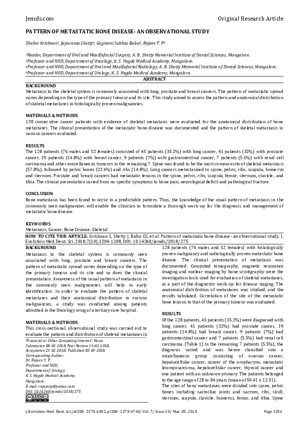 (PDF) Pattern of Metastatic Bone Disease- an Observational Study