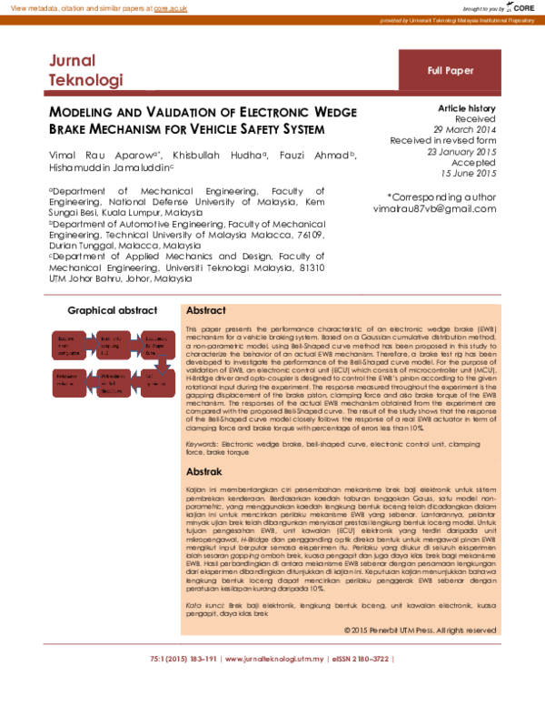 (PDF) Modeling and Validation of Electronic Wedge Brake Mechanism for Vehicle Safety System