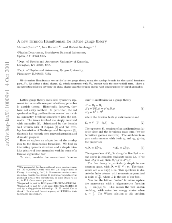 (PDF) A new fermion Hamiltonian for lattice gauge theory