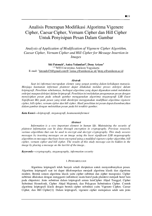 (PDF) Analisis Penerapan Modifikasi Algoritma Vigenere Cipher, Caesar Cipher, Vernam Cipher dan ...