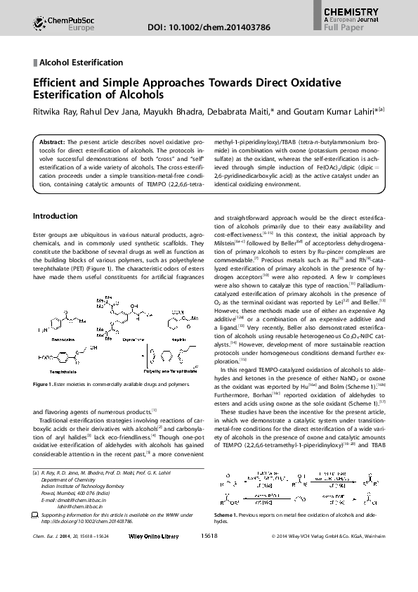 (PDF) Efficient and Simple Approaches Towards Direct Oxidative Esterification of Alcohols