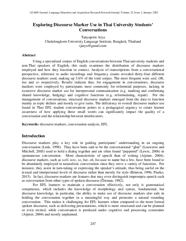 (PDF) Exploring Discourse Marker Use in Thai University Students' Conversations