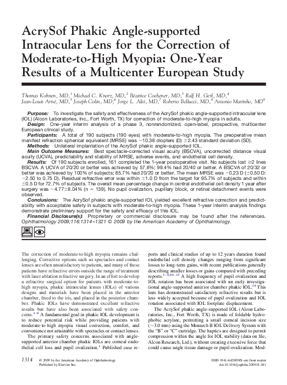 (PDF) AcrySof Phakic Angle-supported Intraocular Lens for the ...