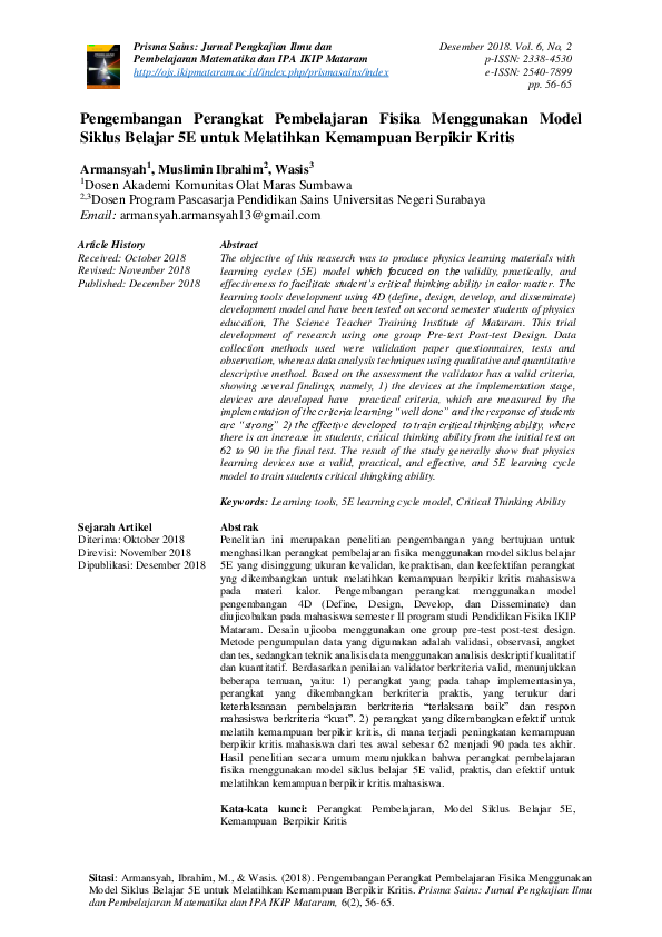 (PDF) Pengembangan Perangkat Pembelajaran Fisika Menggunakan Model Siklus Belajar 5E untuk ...