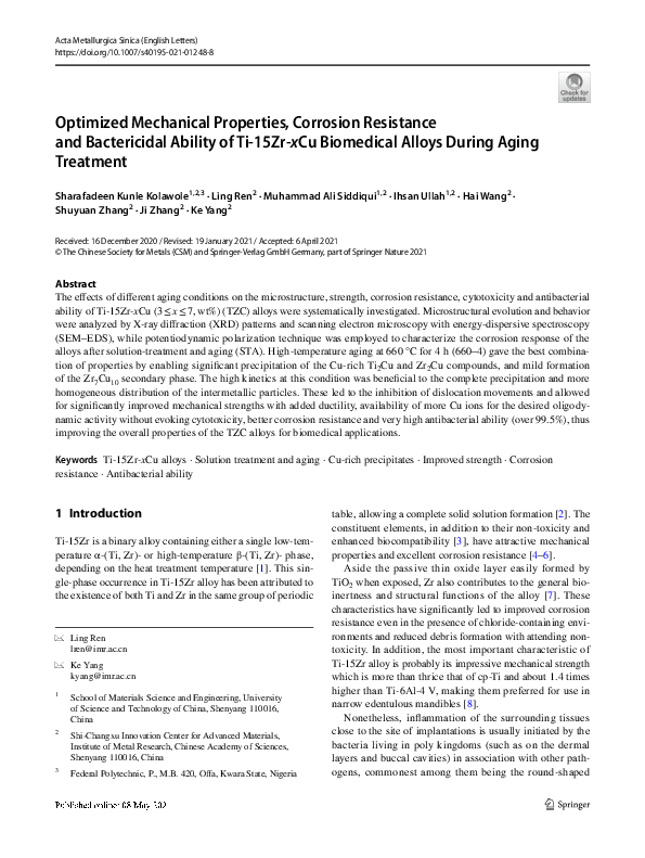 (PDF) Optimized Mechanical Properties, Corrosion Resistance and Bactericidal Ability of Ti-15Zr ...