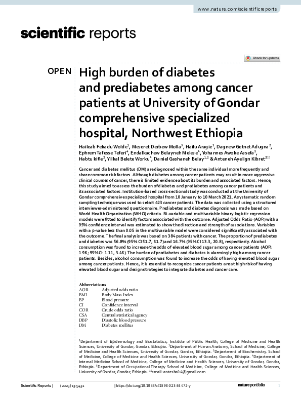 (PDF) High burden of diabetes and prediabetes among cancer patients at ...