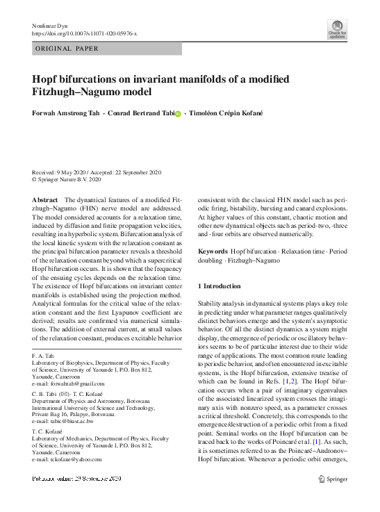 (PDF) Hopf bifurcations on invariant manifolds of a modified Fitzhugh ...